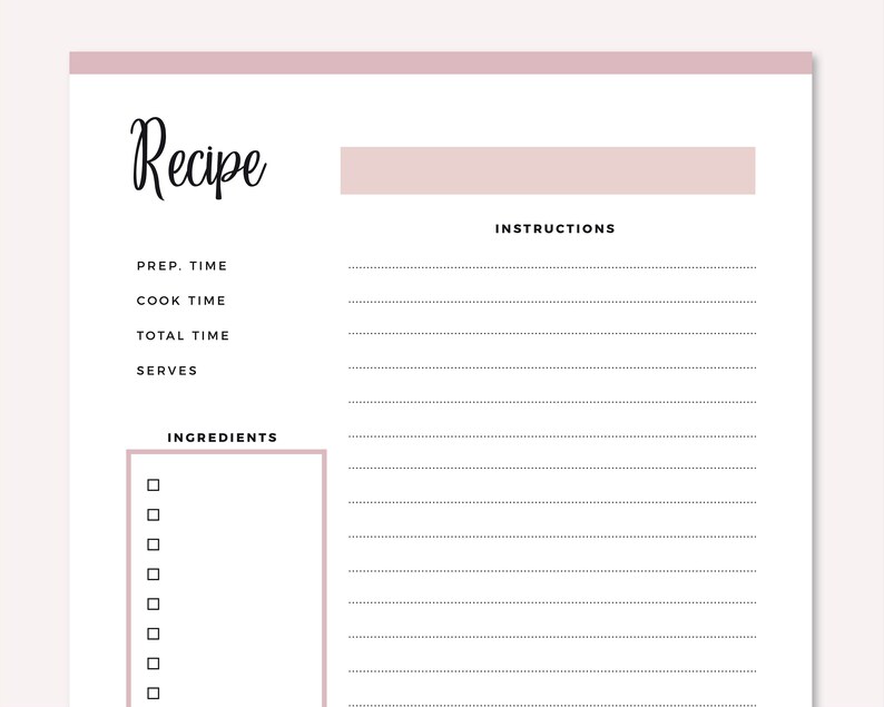 Printable Recipe Template Blank Recipe Page Cooking List - Etsy