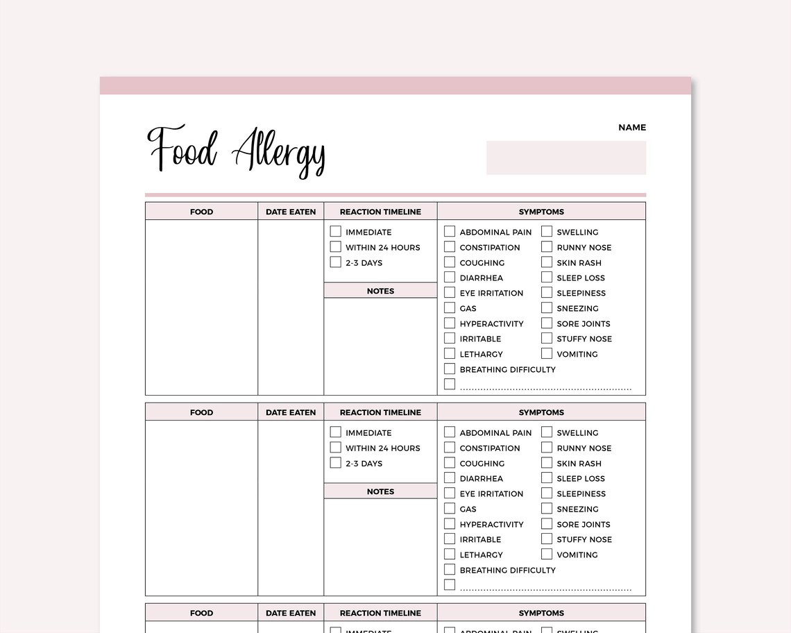 Printable Food Allergy Log, Food and Symptom Diary, Food Allergy ...
