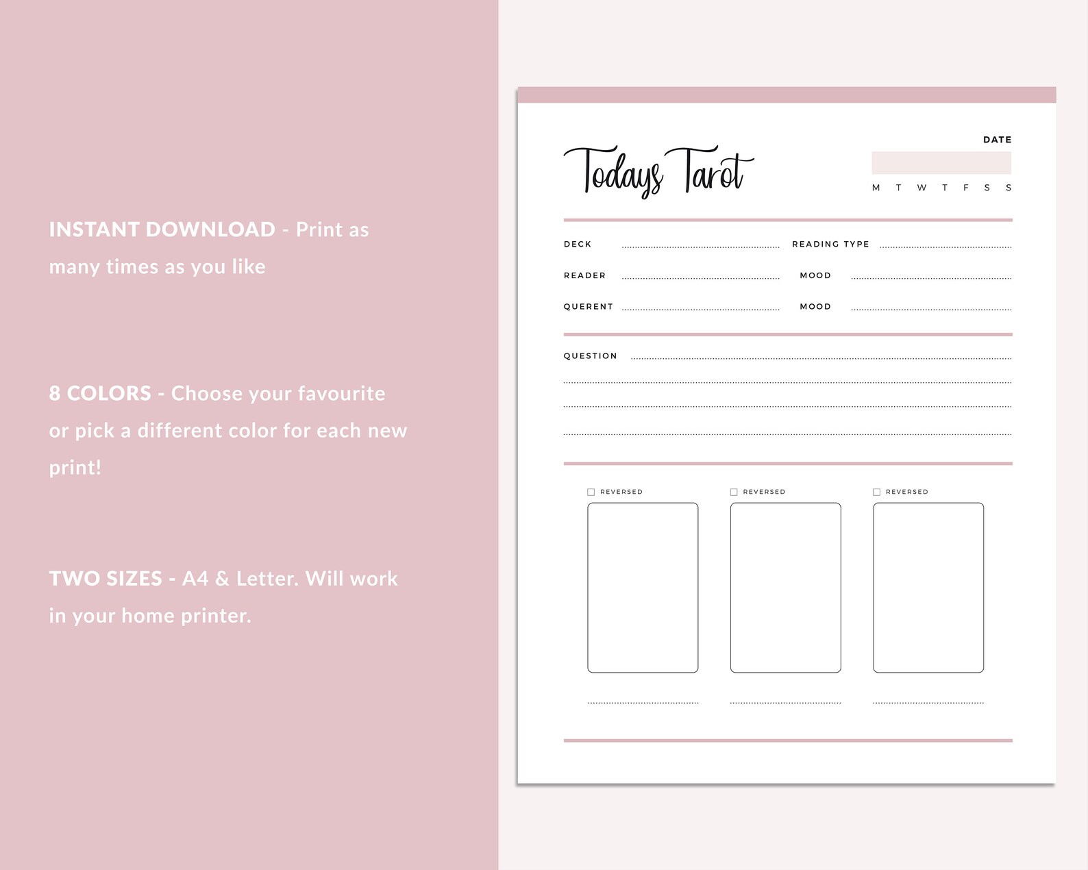 Printable Daily Tarot Journal, 3 Card Spread Tarot Diary, Tarot Pull ...