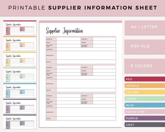 Printable Supplier Information Sheet Business Supply Tracker - Etsy