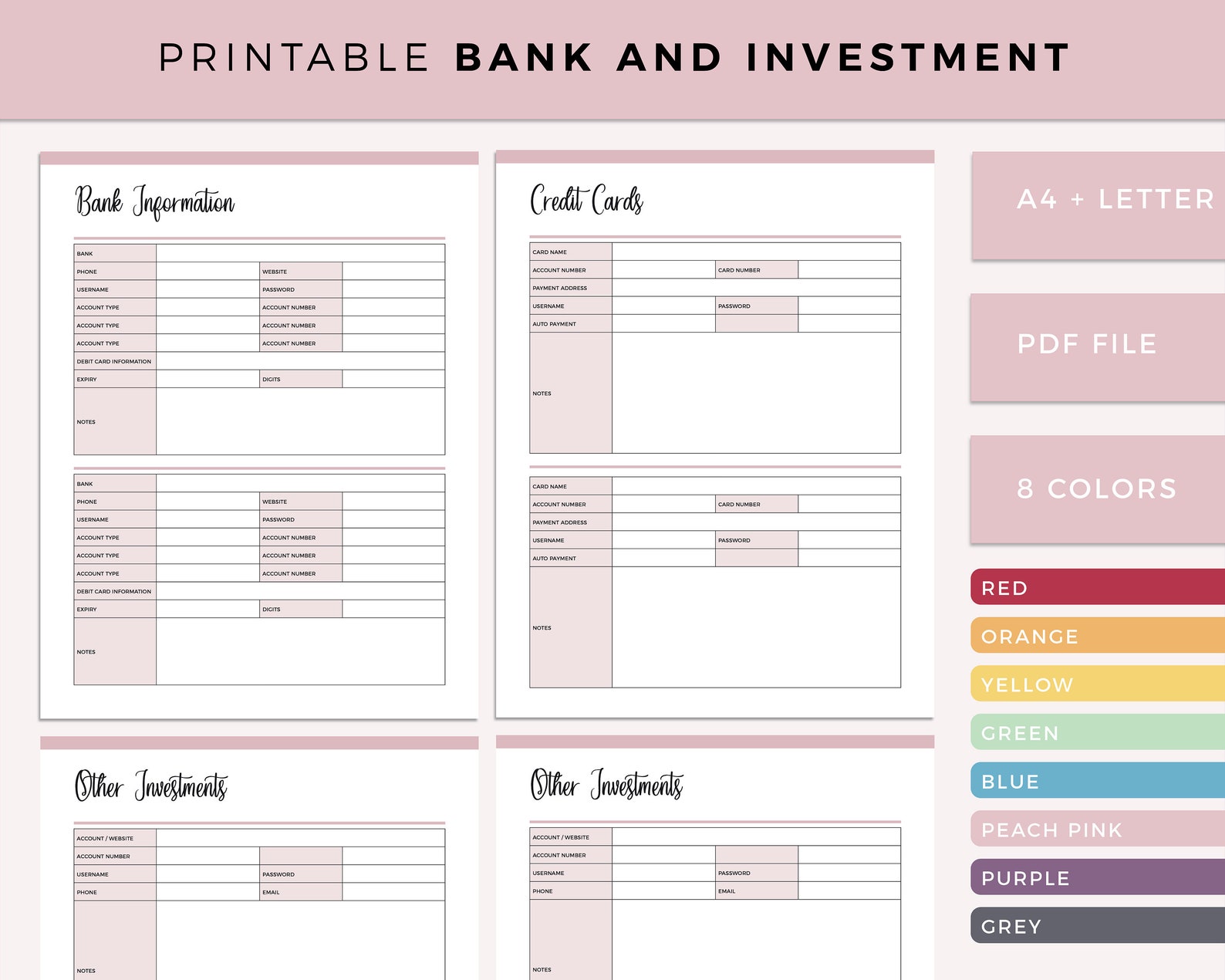 Printable Bank Account Information Tracker Credit Card - Etsy