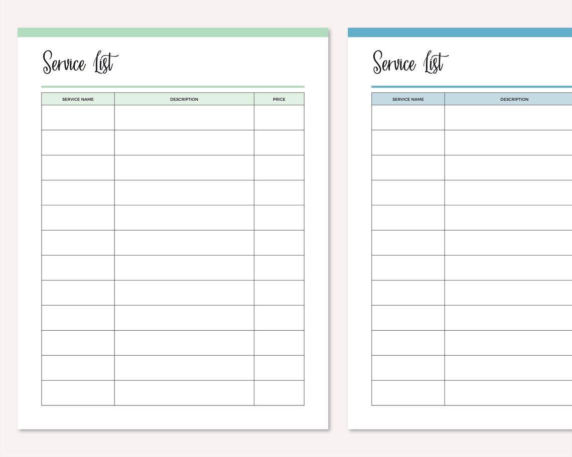 Printable Service Business List of Services, Small Business Planner ...