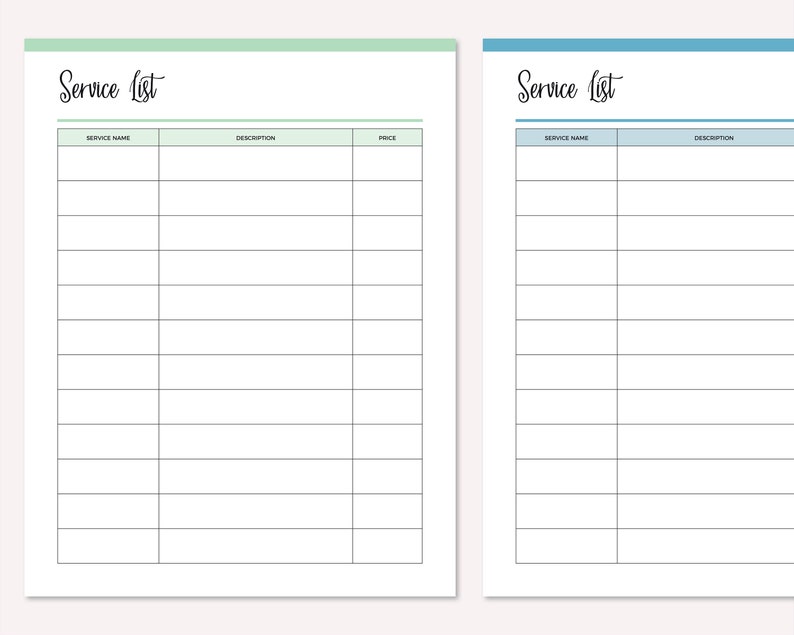 Printable Service Business List of Services, Small Business Planner ...