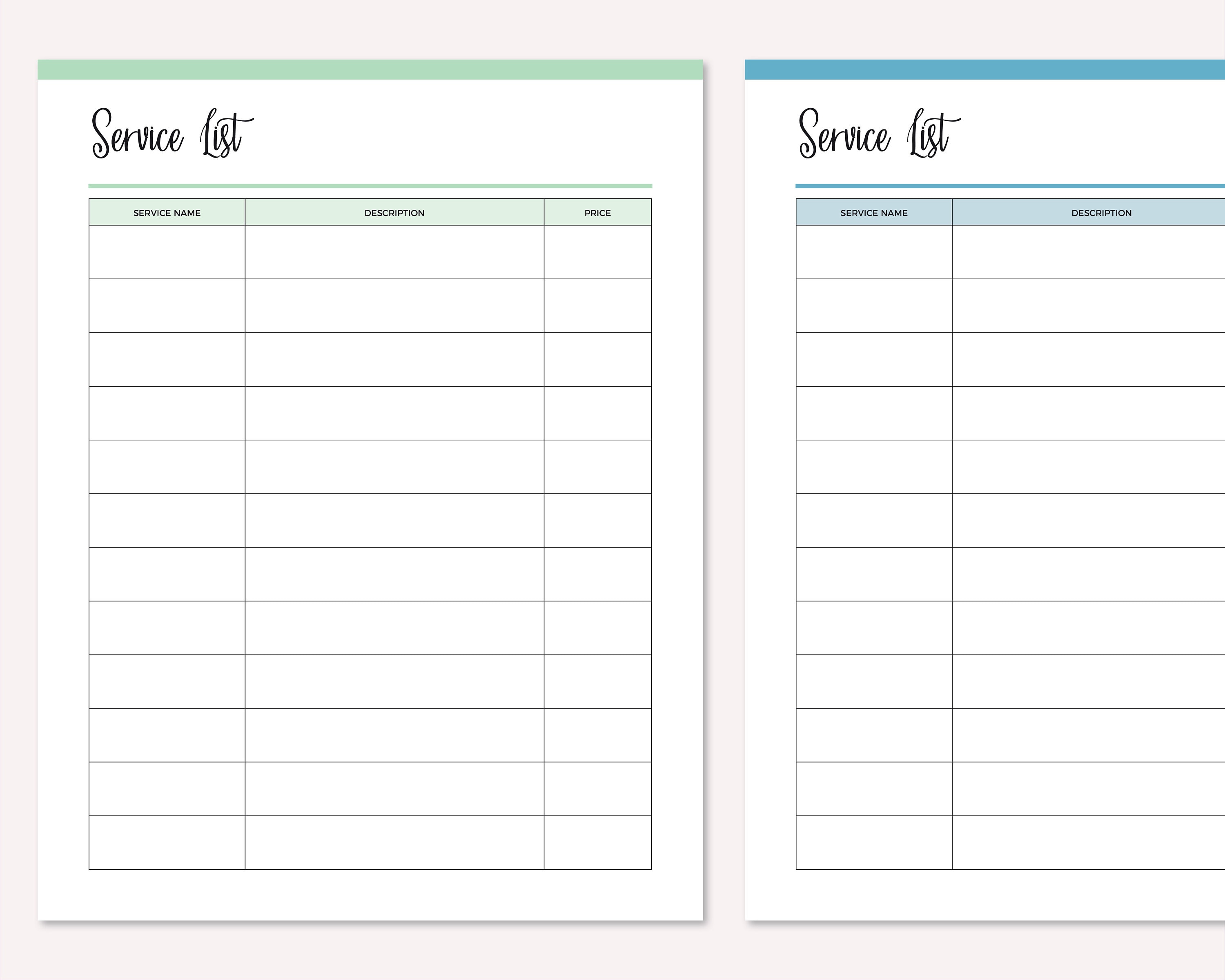 Printable Service Business List of Services, Small Business Planner ...