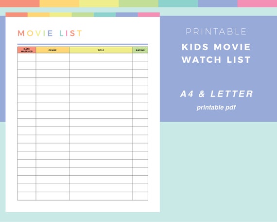 Printable Movie Watching List Film Watching Record for Kids | Etsy