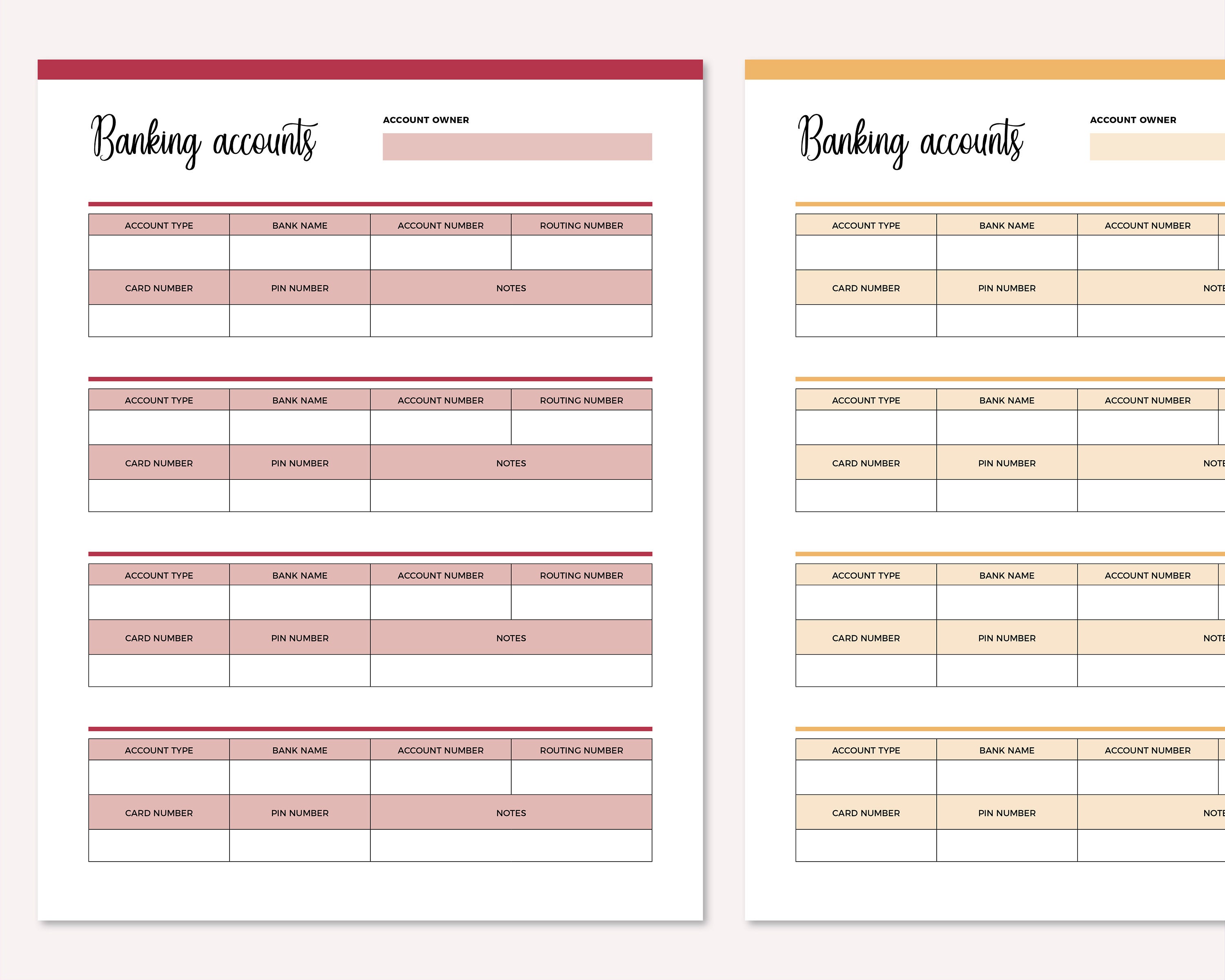Bank Account Tracker Printable Banking Account Information - Etsy Australia