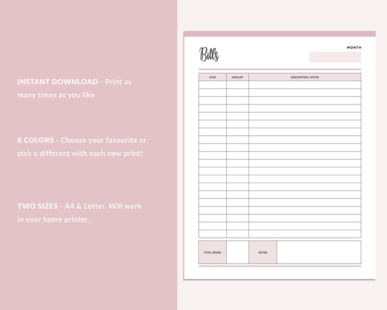 Printable Bill Payment Sheet Print at Home Monthly Bills | Etsy