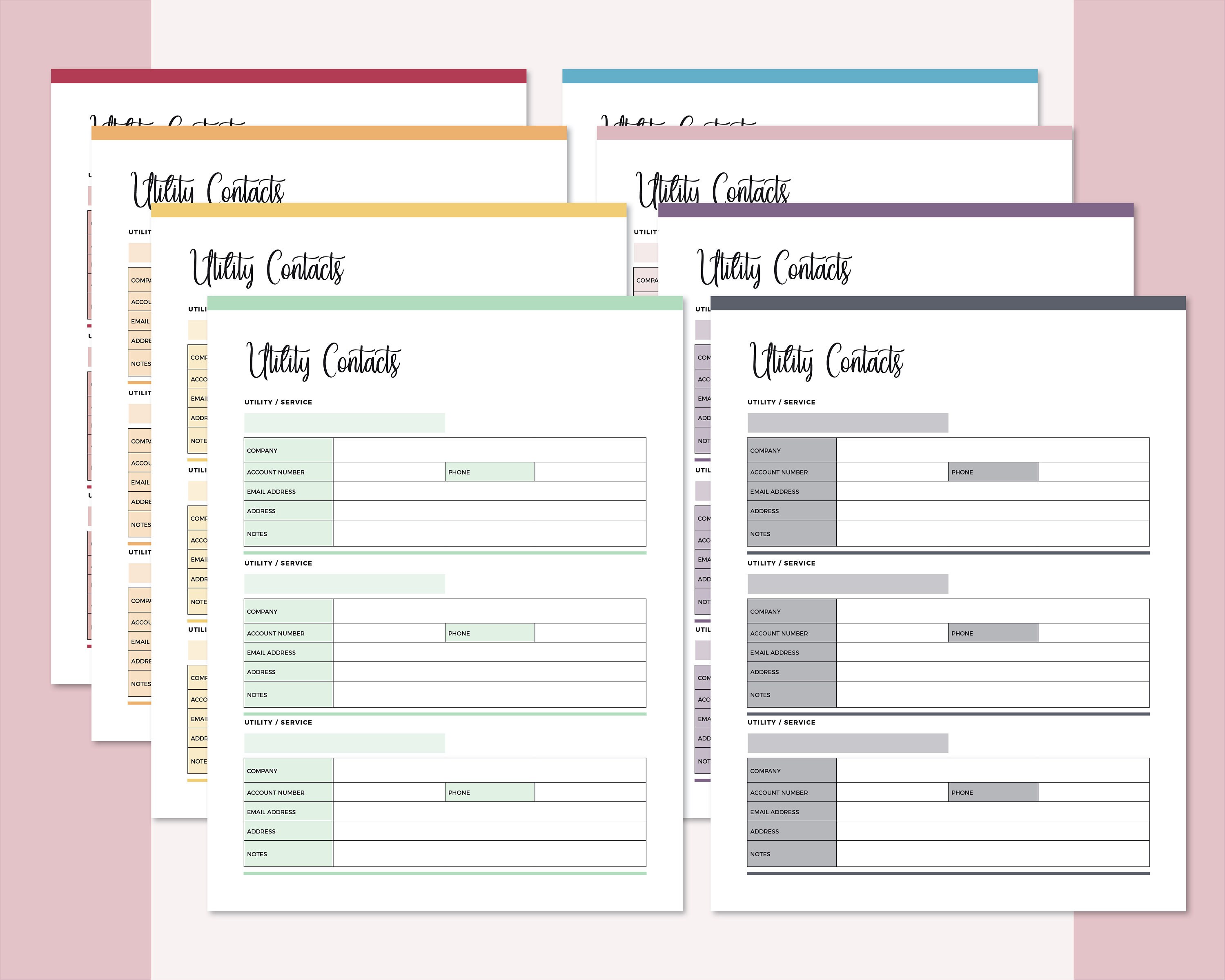 Printable Utility Contacts Tracker, Utility Service Address Book ...