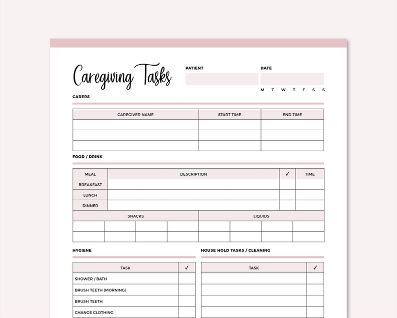 Caregiver Checklist Printable, Caregiver Daily Log, Caregiving ...