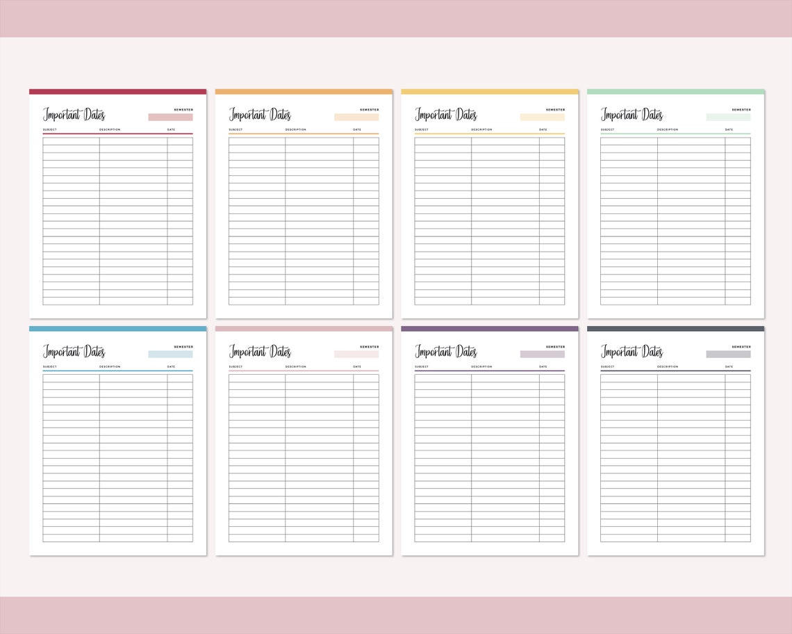 Printable Important Dates List for School and College - Etsy