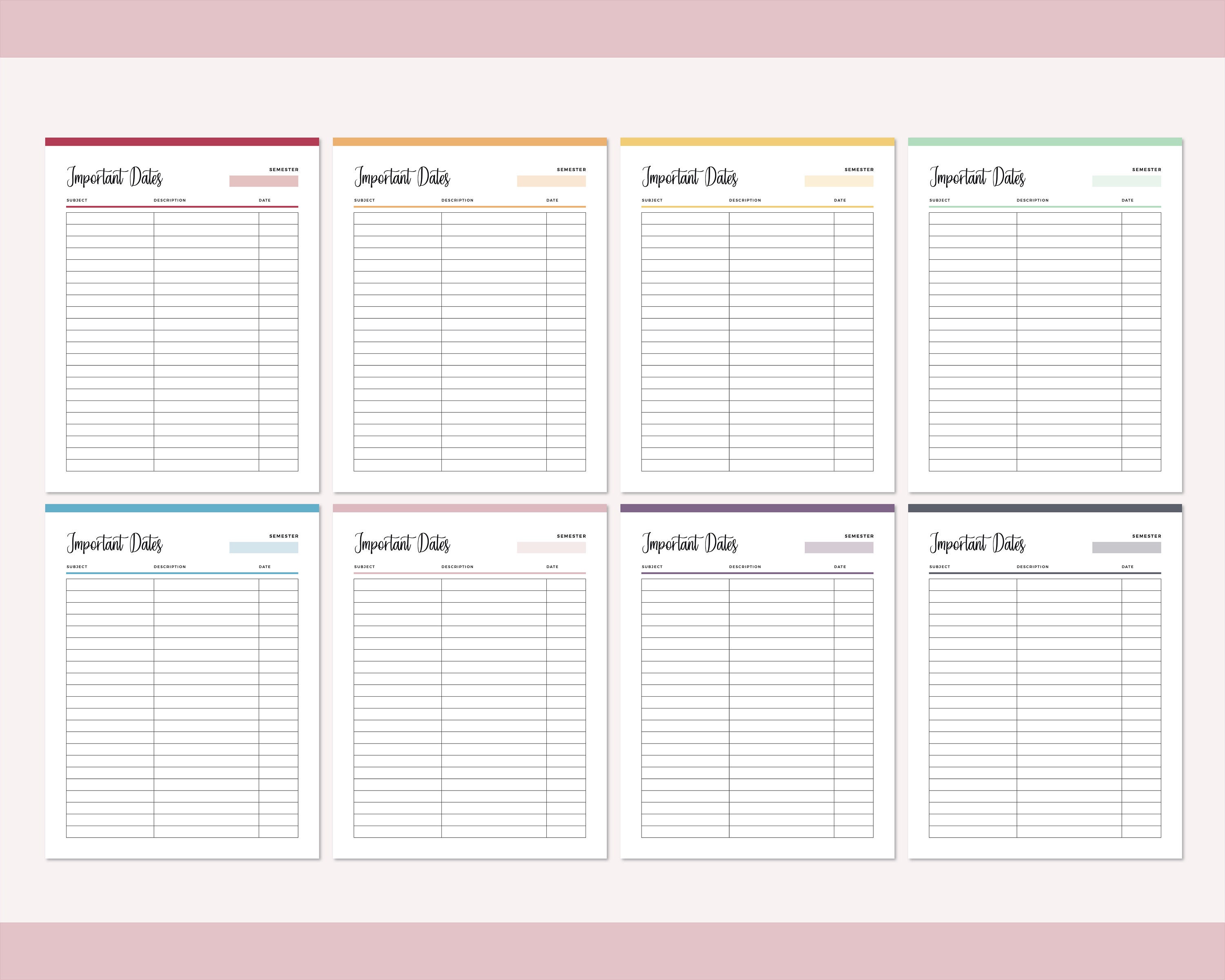 Printable Important Dates List for School and College - Etsy