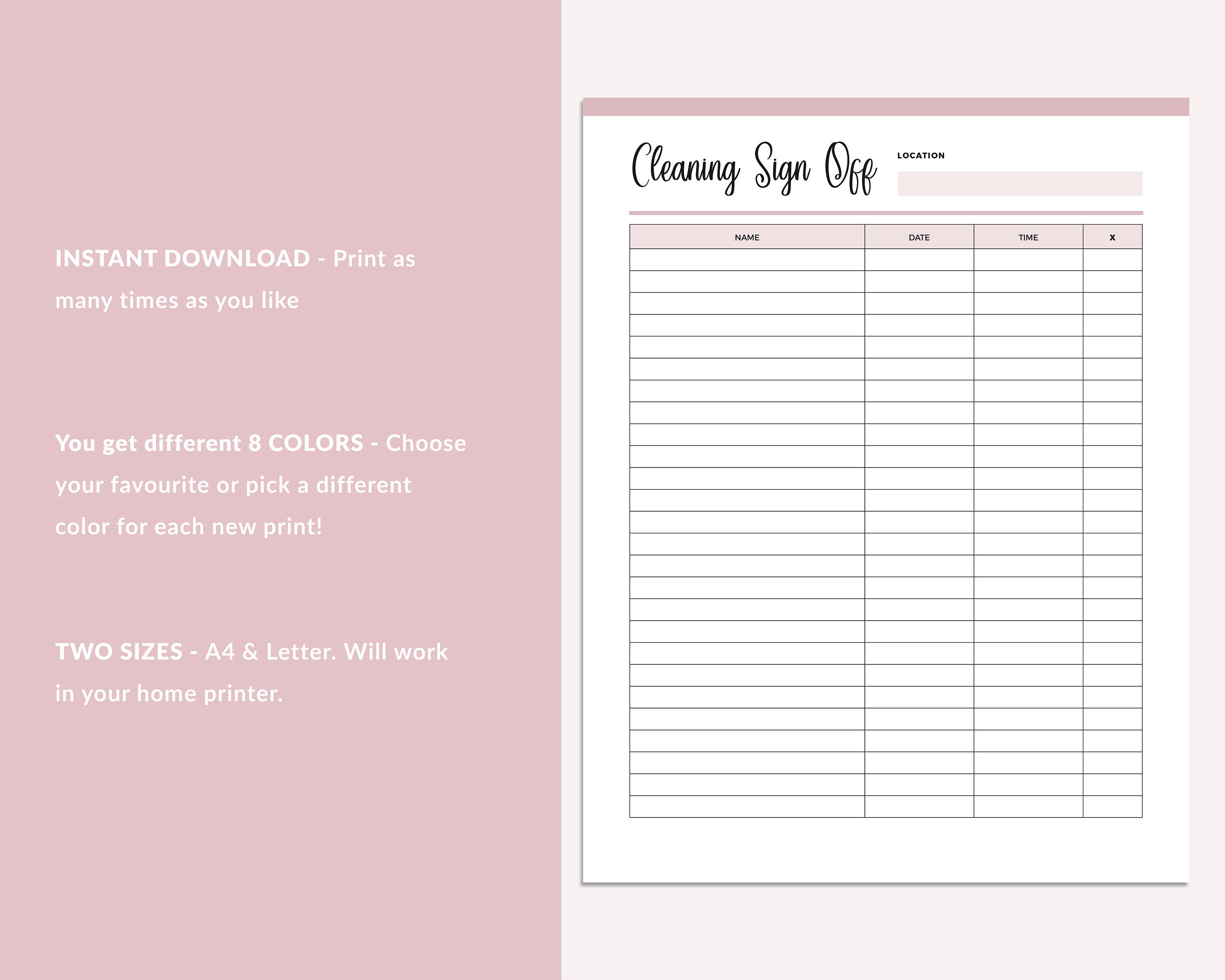 Printable Cleaning Sign-off Sheet, Restroom Cleaning, Bathroom Cleaner ...