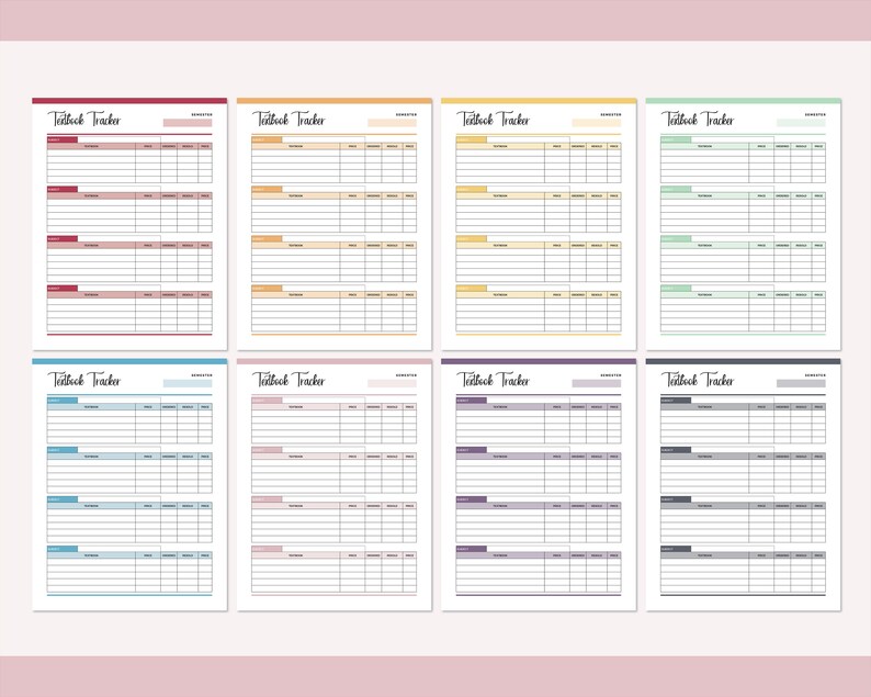 Printable Textbook Tracker, College Student Text Book List, University ...