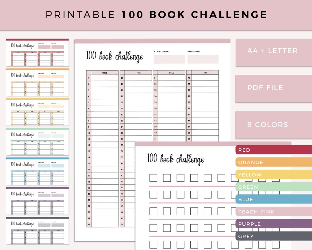 Printable 100 Book Challenge, Reading Planner, Book Reading Goals, Book ...