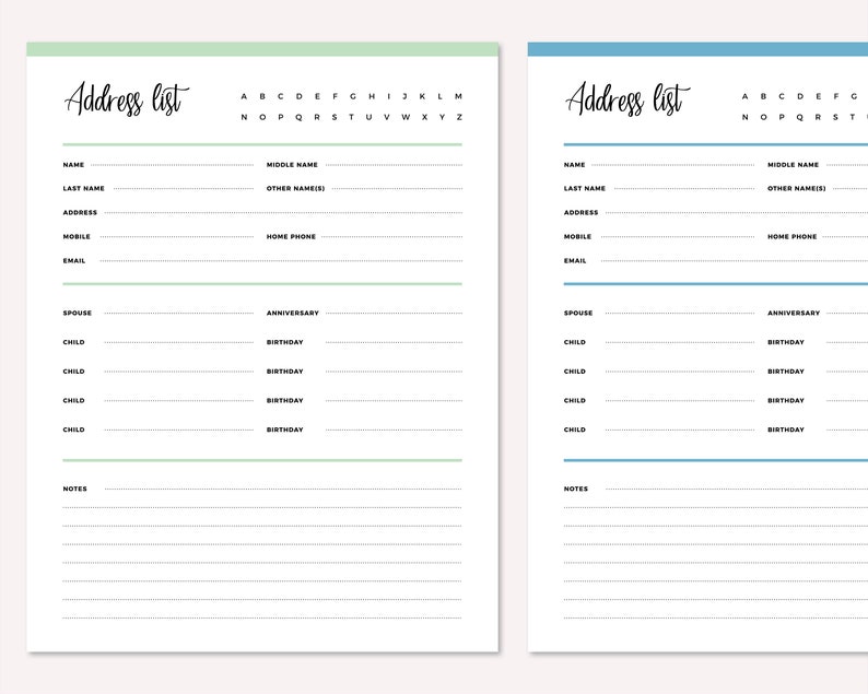 Detailed Address Book, Contact Information Sheet Printable, Family ...