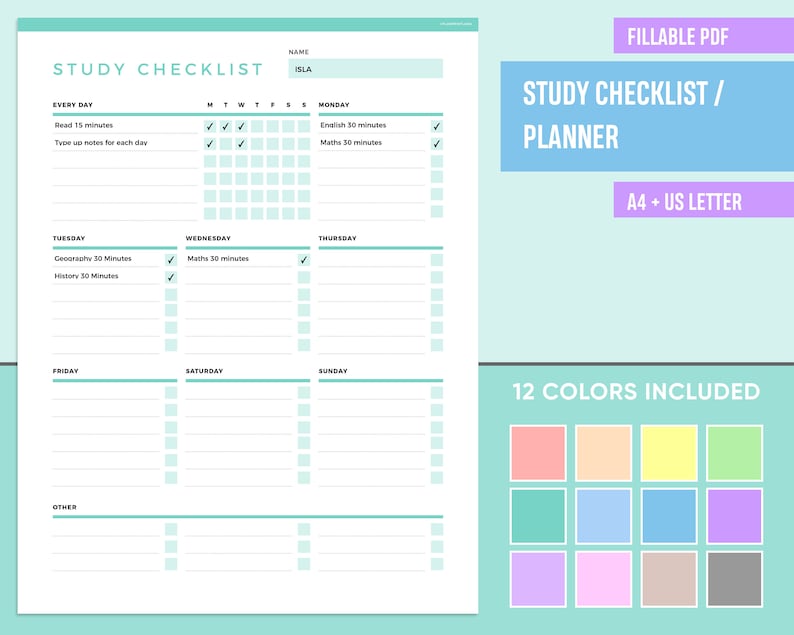 Editable Study Checklist School Planner Student Planner - Etsy