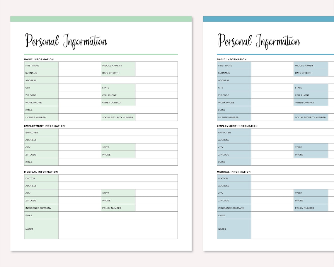 Printable Personal Information Page, Planner Template, Binder Insert ...