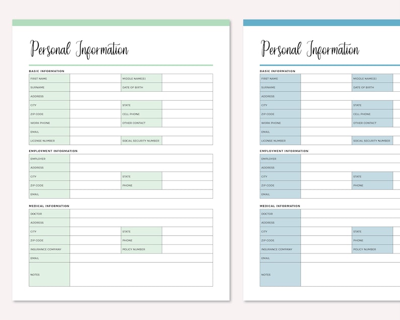 Printable Personal Information Page Planner Template Binder - Etsy