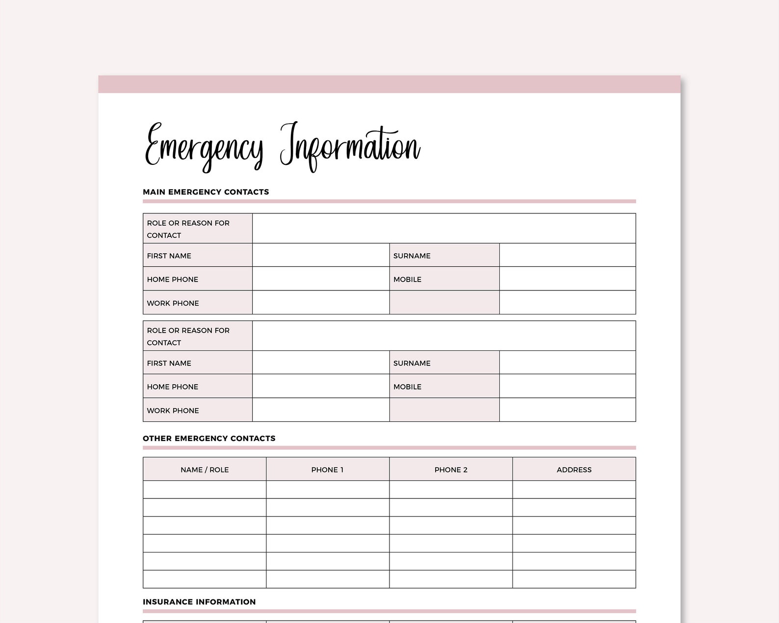Printable Emergency Contact Information Form Emergency - Etsy