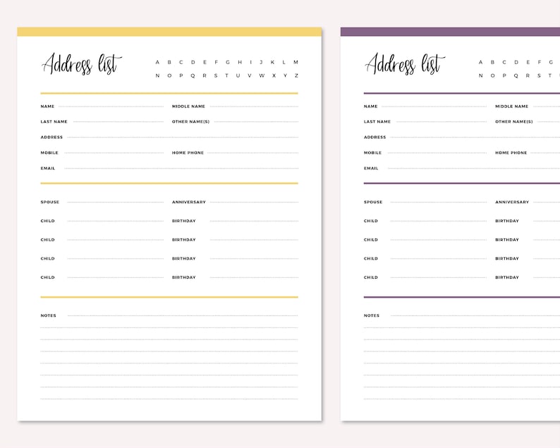 Printable Detailed Address Book, Address List, Contact List, Contact ...