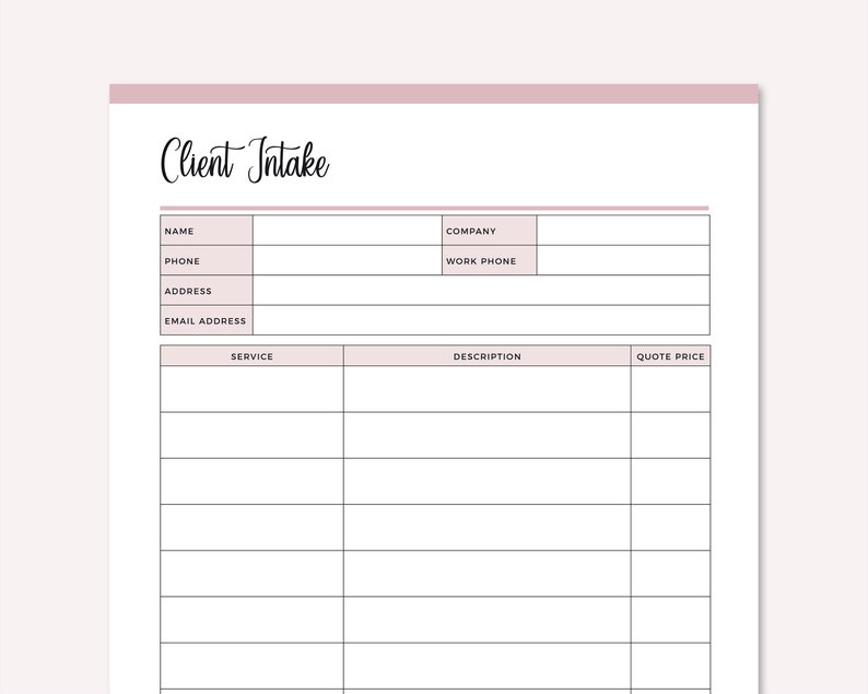 Printable Client Intake Form, Client Service List, Client Services ...