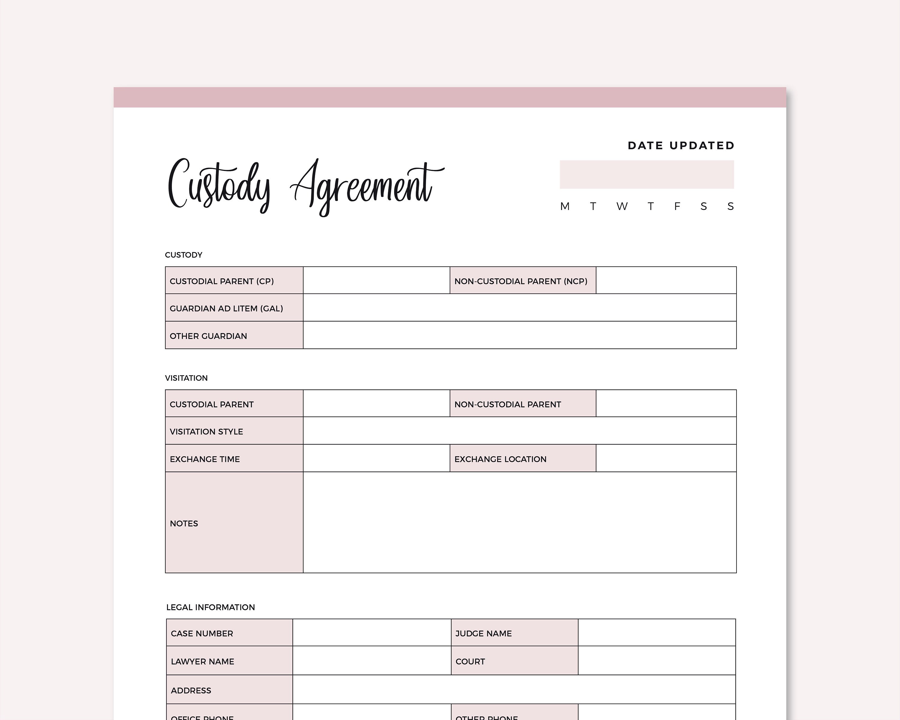Printable Child Custody Agreement Custody Battle Legal Sheet - Etsy