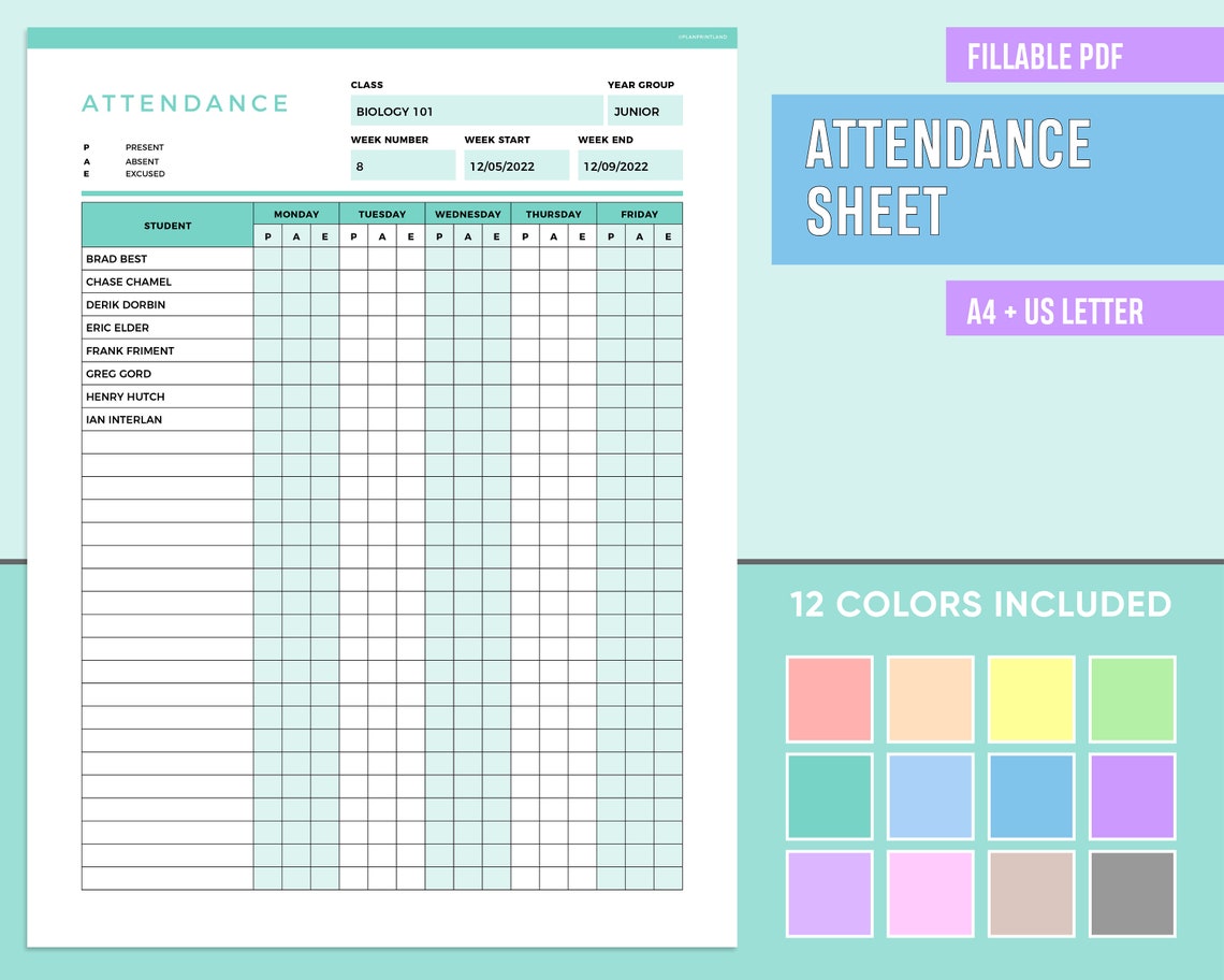 Editable Attendance Sheet Printable, School Attendance Log, Attendance ...