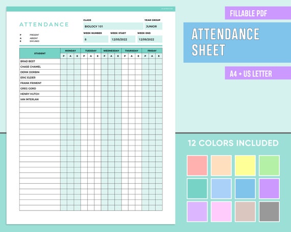 Editable Attendance Sheet Printable School Attendance Log - Etsy UK