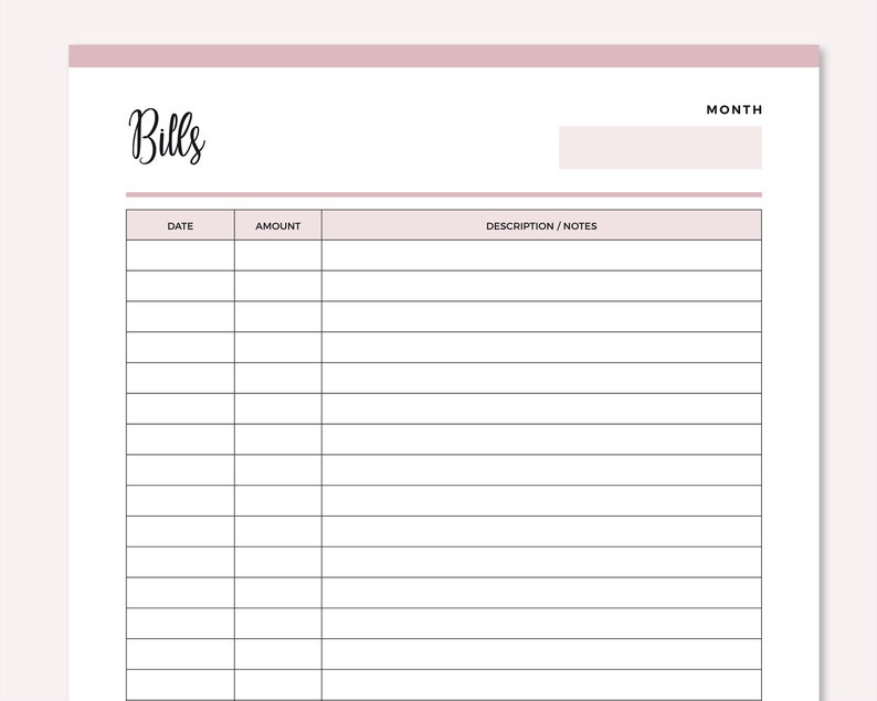 Printable Bill Payment Sheet Print at Home Monthly Bills | Etsy