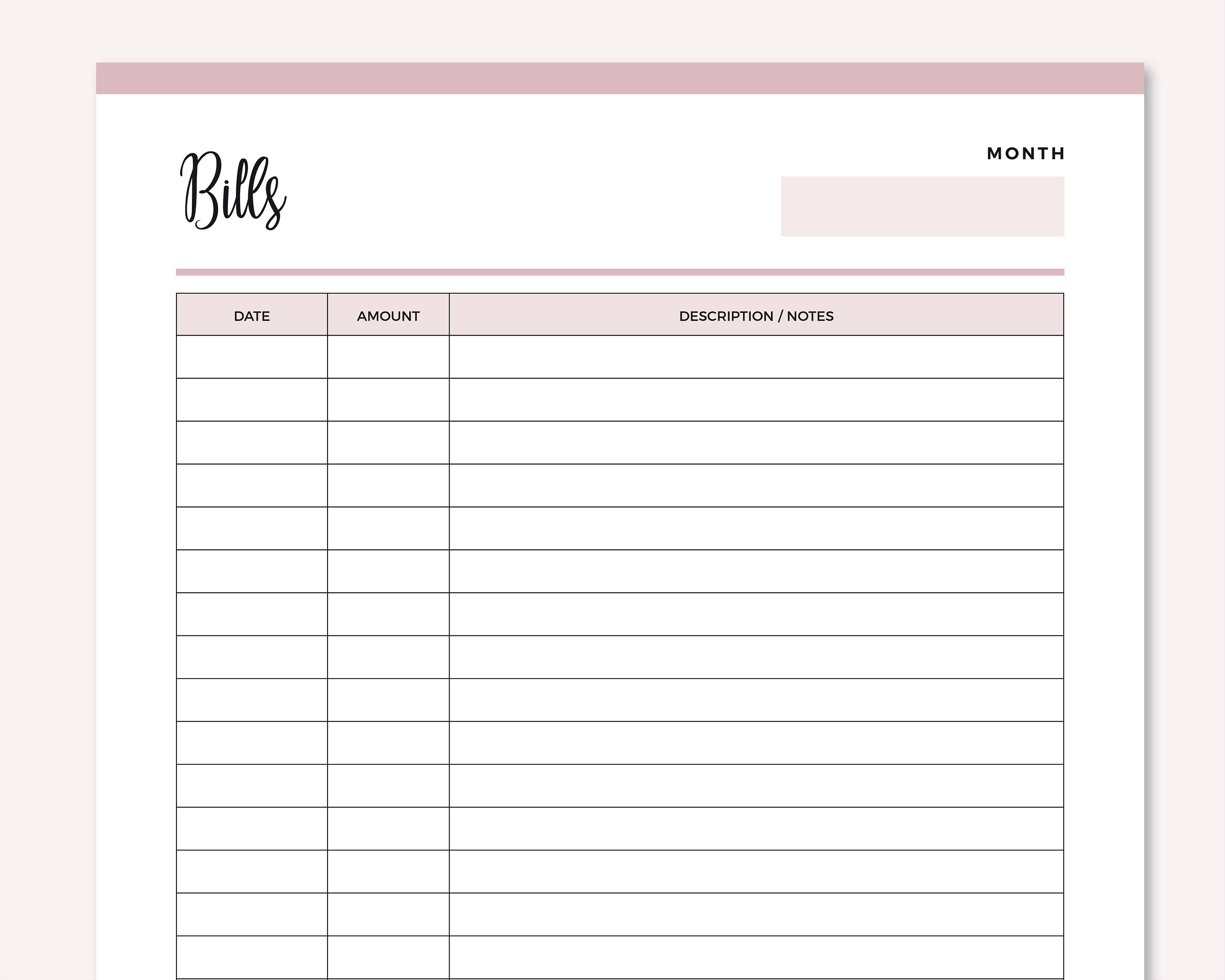 Printable Bill Payment Sheet Print at Home Monthly Bills | Etsy