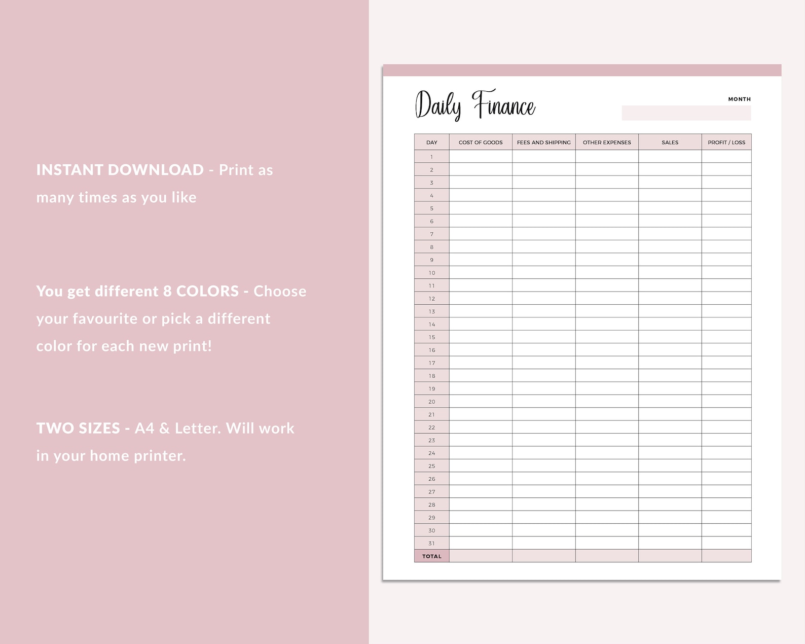 Printable Daily Sales Tracker Daily Finance Sheet Business - Etsy