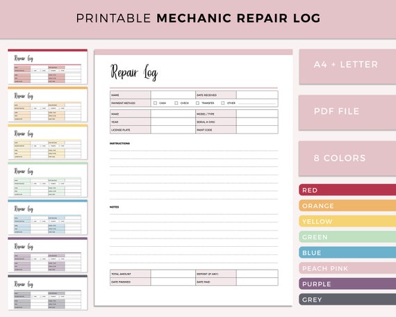 Printable Mechanic Repair Log Auto Body Repair Sheet | Etsy