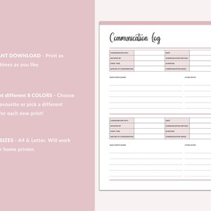 Printable Communication Log, Call Log Template, A4 and Letter Size ...