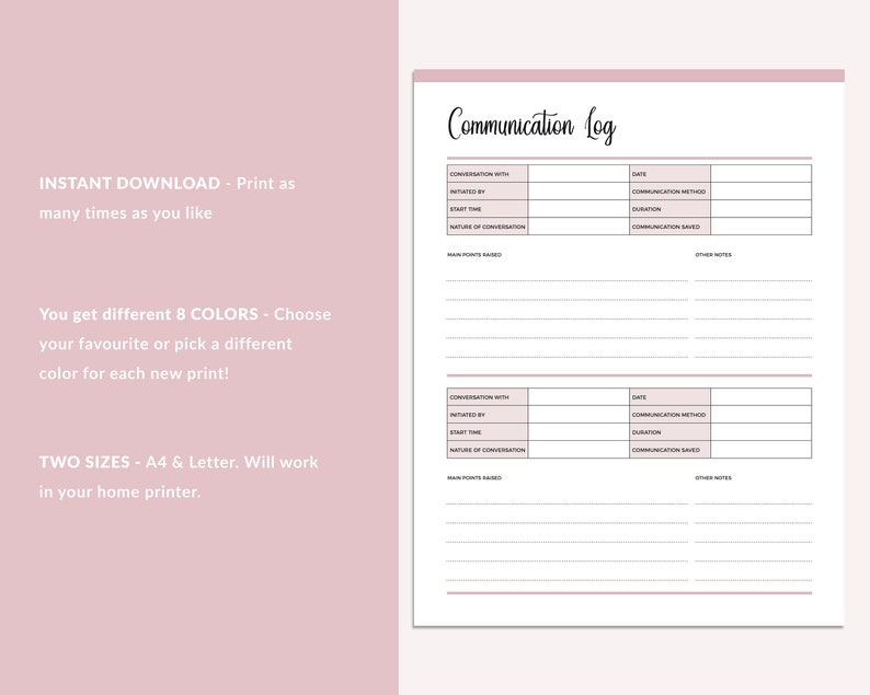 Printable Communication Log Call Log Template A4 and Letter - Etsy