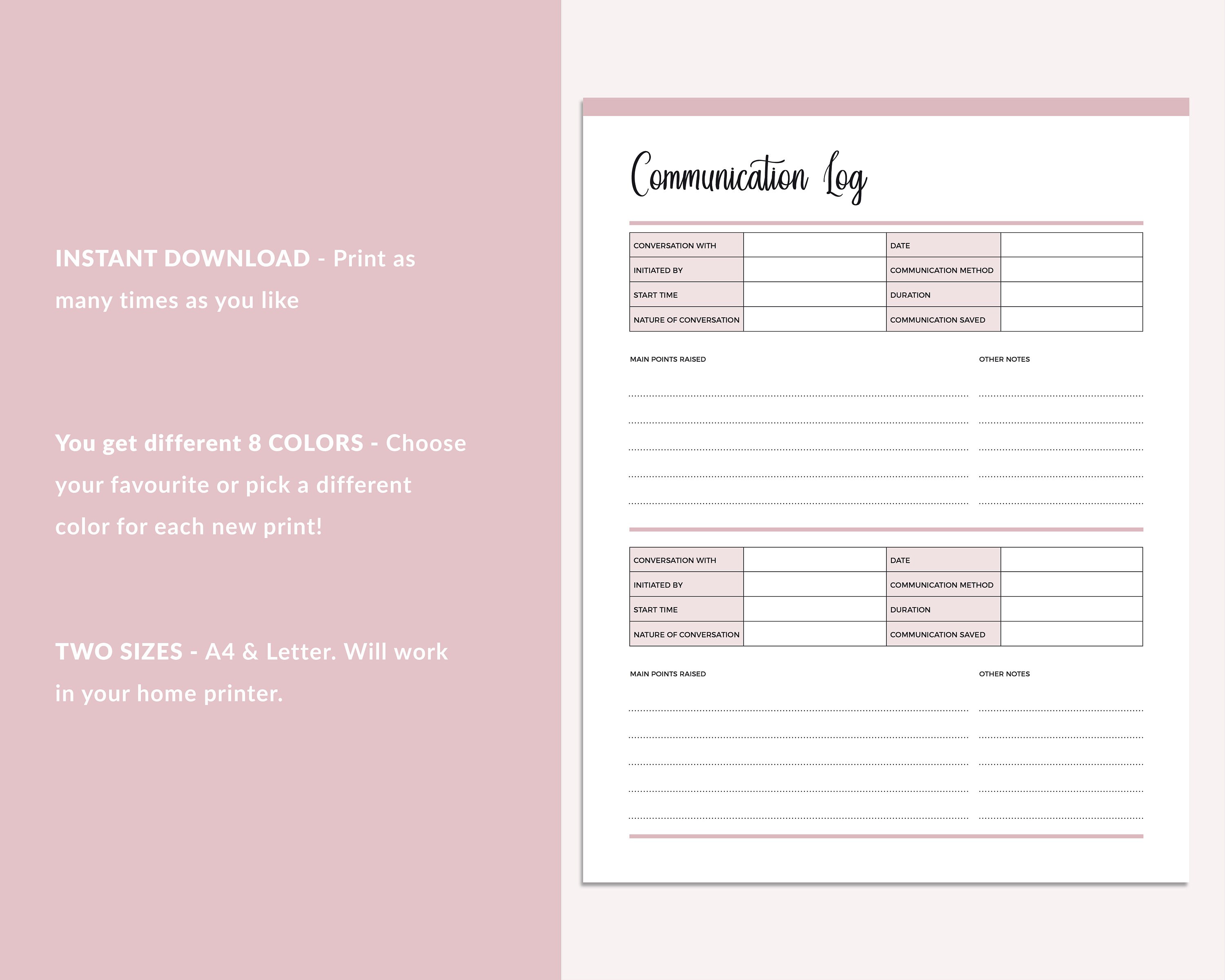 Printable Communication Log, Call Log Template, A4 and Letter Size ...