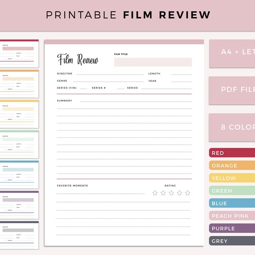 Printable Film Review Planner Movie Review Sheet A4 and - Etsy