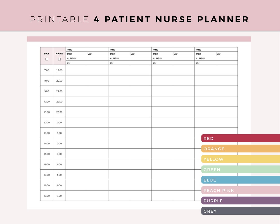 Printable 4 Patient Nurse Planner, Hourly Nursing Report Sheet, Nurse ...