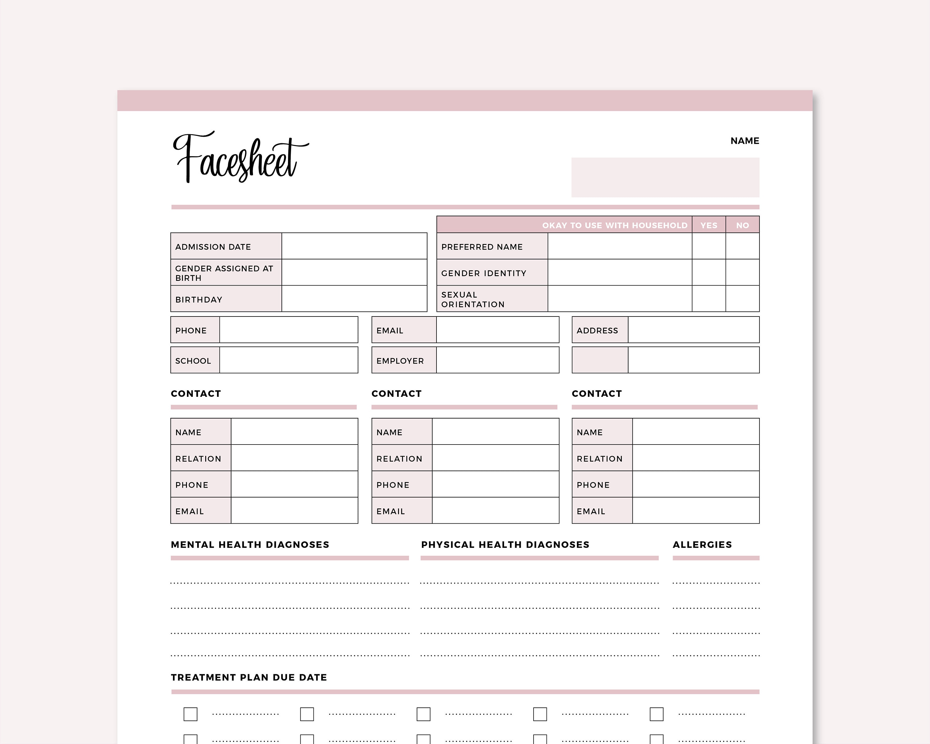 Comprehensive Therapy Client Facesheet Printable, Client Information ...