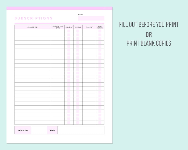 Editable Subscription Tracker Printable Fillable Account - Etsy