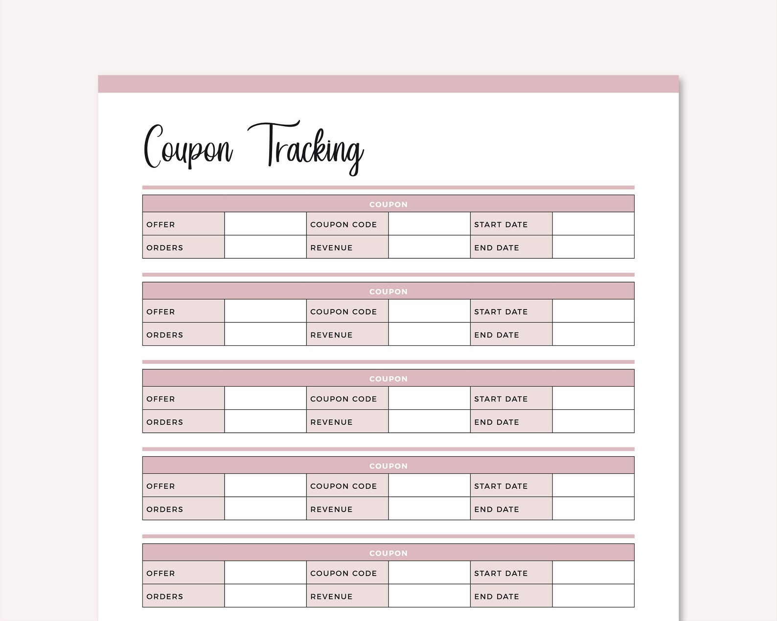 Printable Sales Coupon Tracking Sheet, Online Reseller Promotion ...