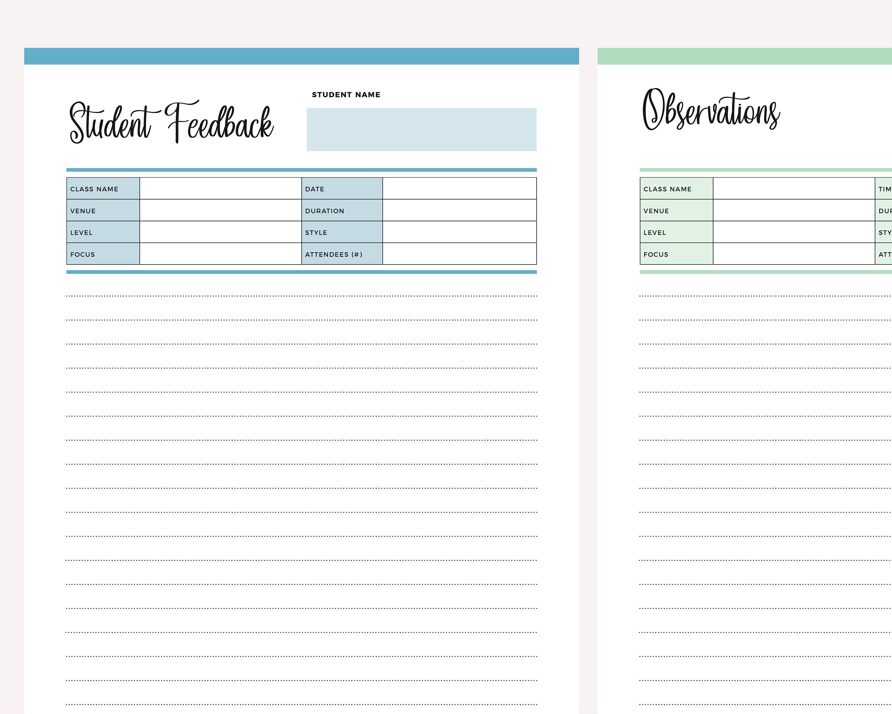 Printable Yoga Class Observations, Yoga Instructor Planner, Pilates ...
