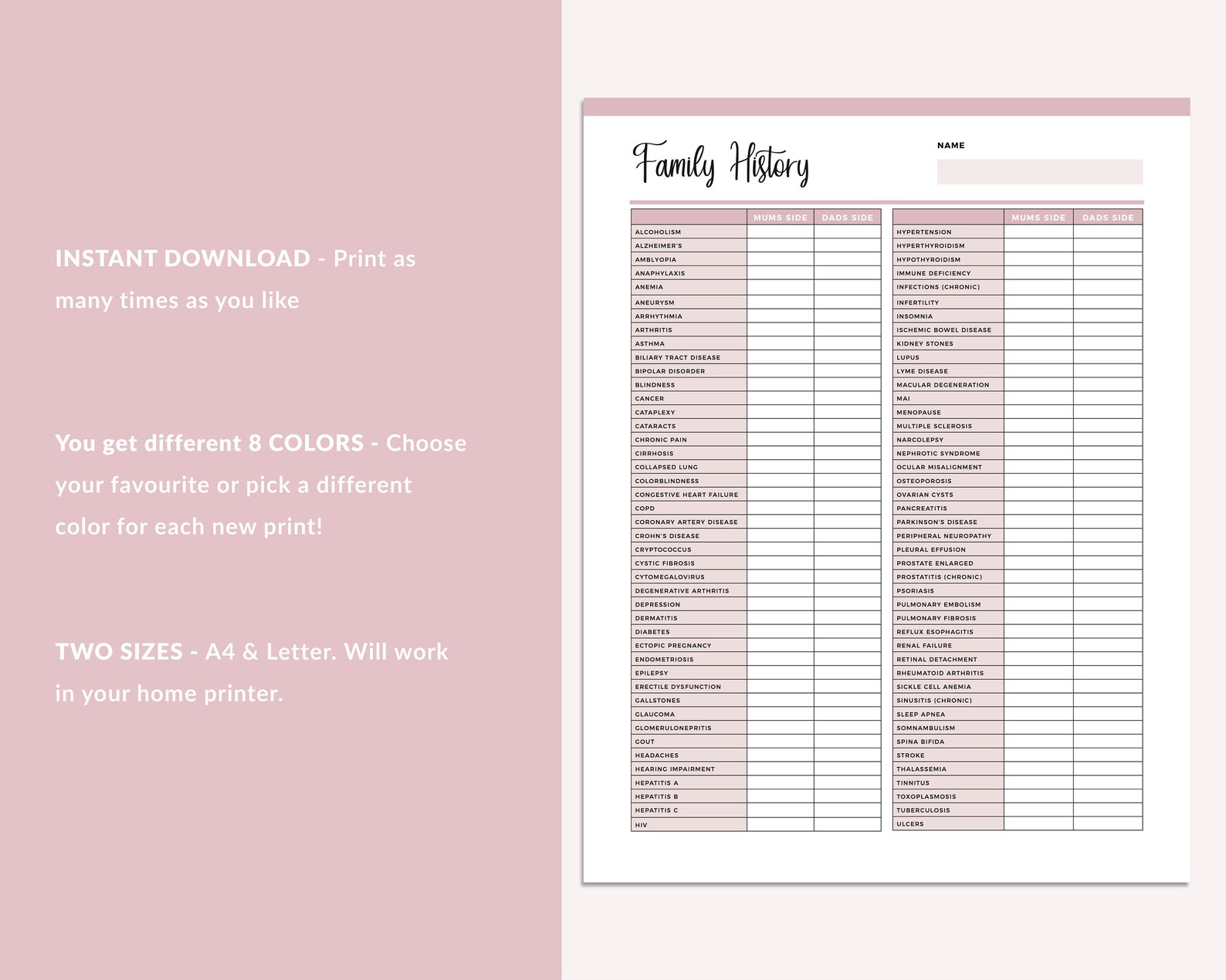 Printable Family Medical History Checklist Medical Binder - Etsy