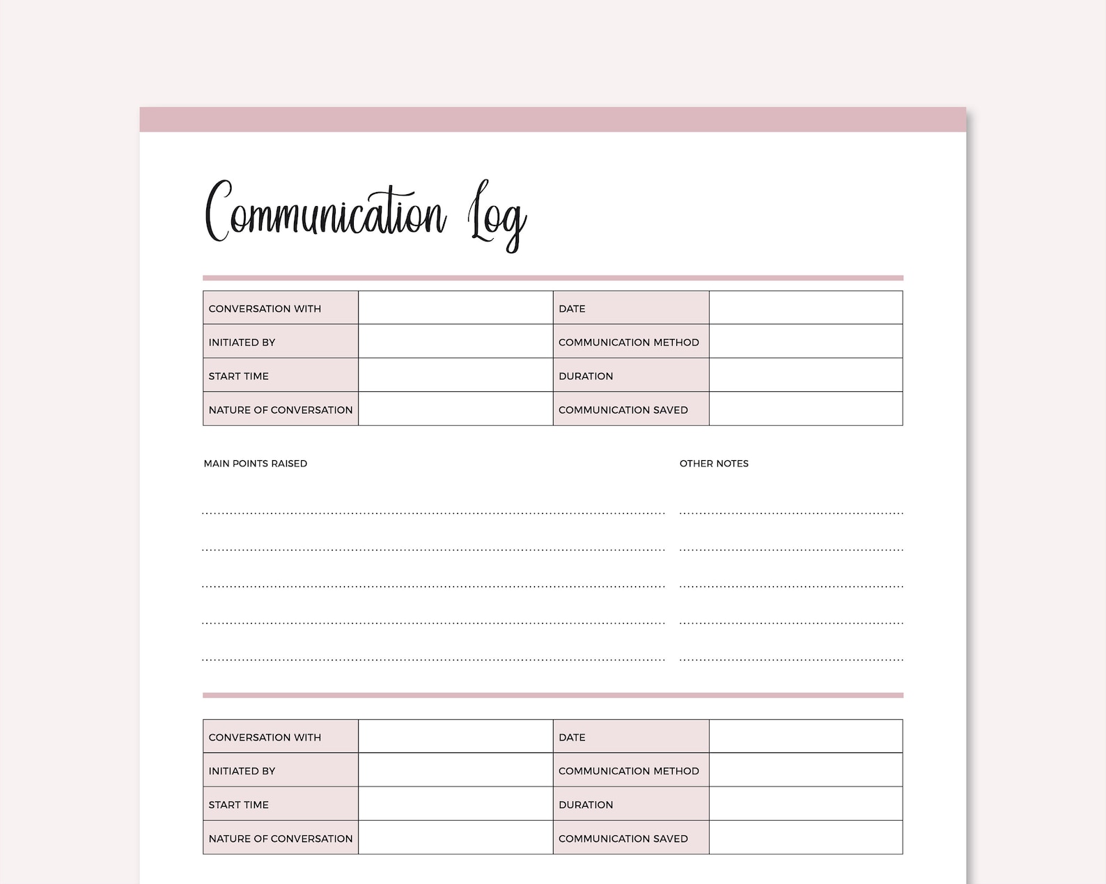Printable Communication Log Call Log Template A4 and Letter - Etsy