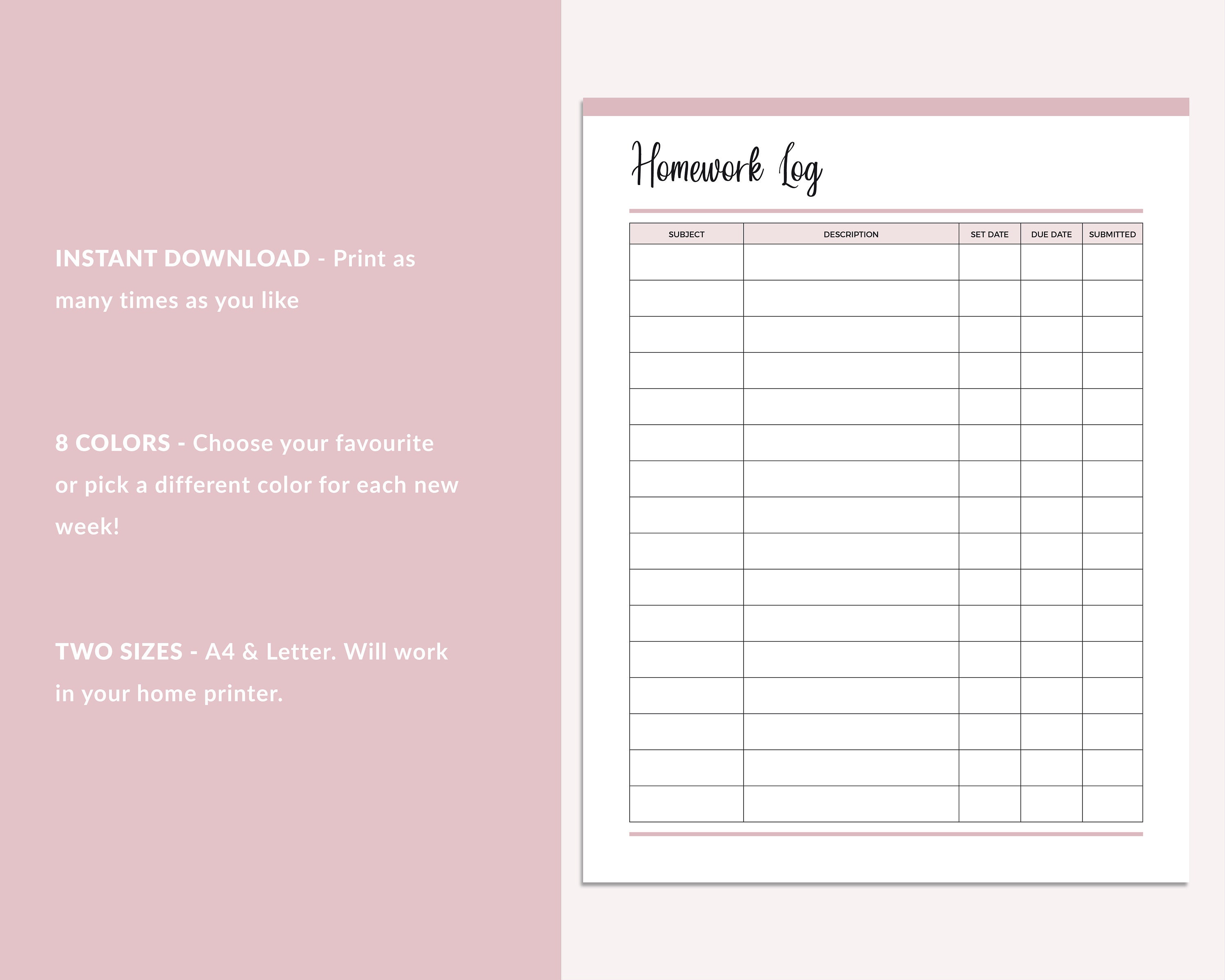Printable Homework Log Print at Home Homework Checklist | Etsy