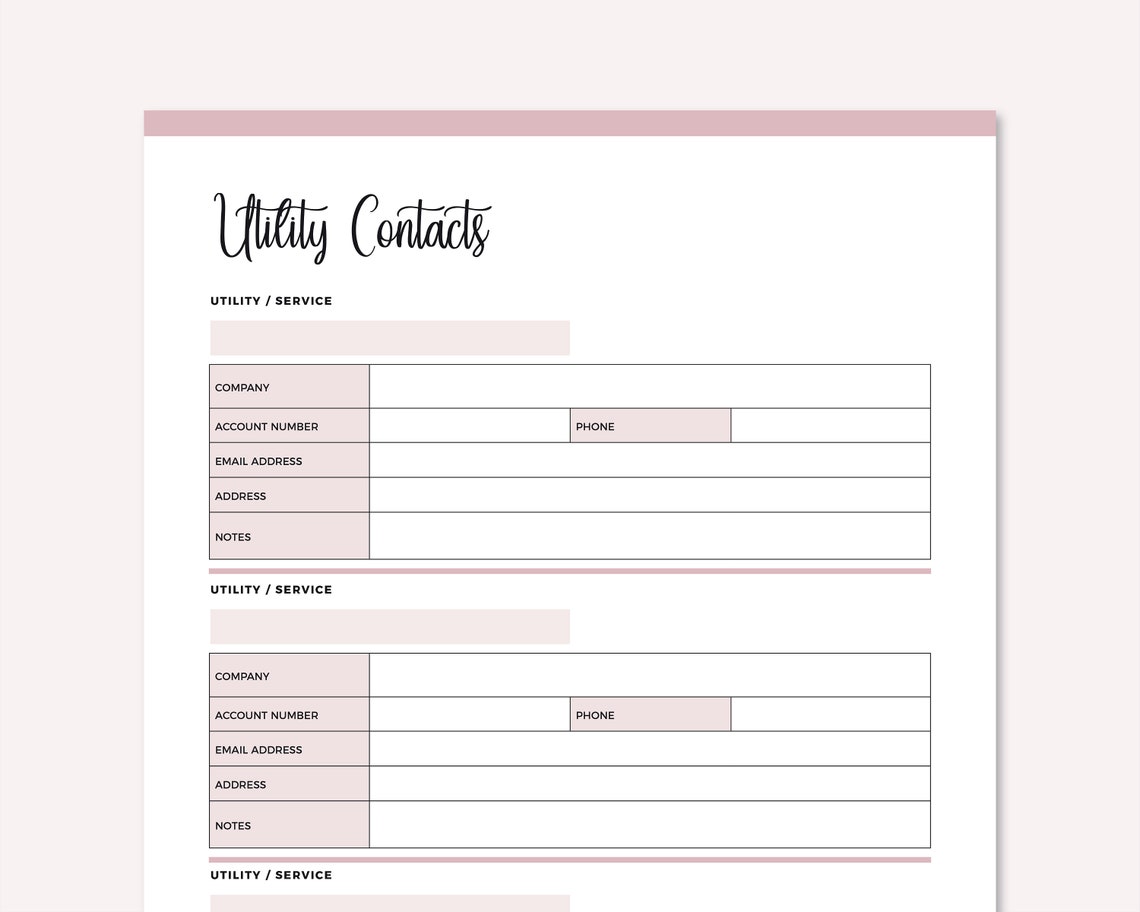 Printable Utility Contacts Tracker, Utility Service Address Book ...