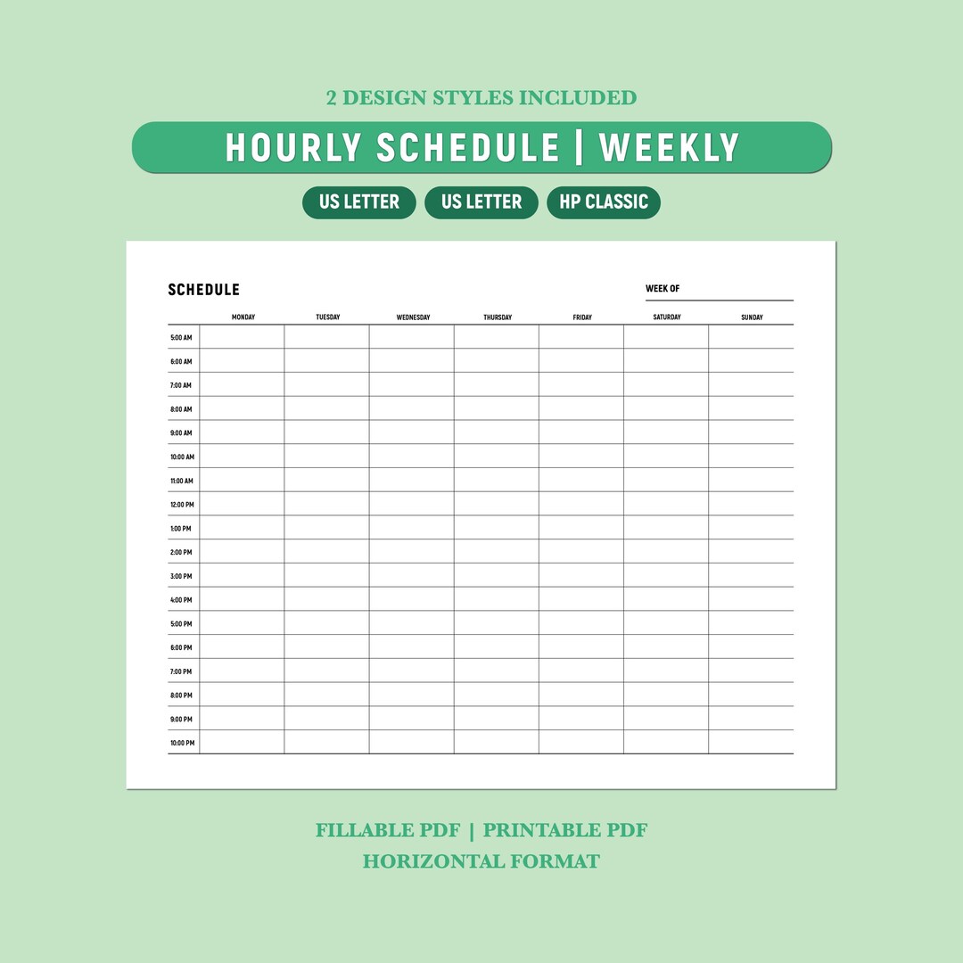 Hourly Schedule - Landscape Printable Weekly Planner - Week at a Glance ...