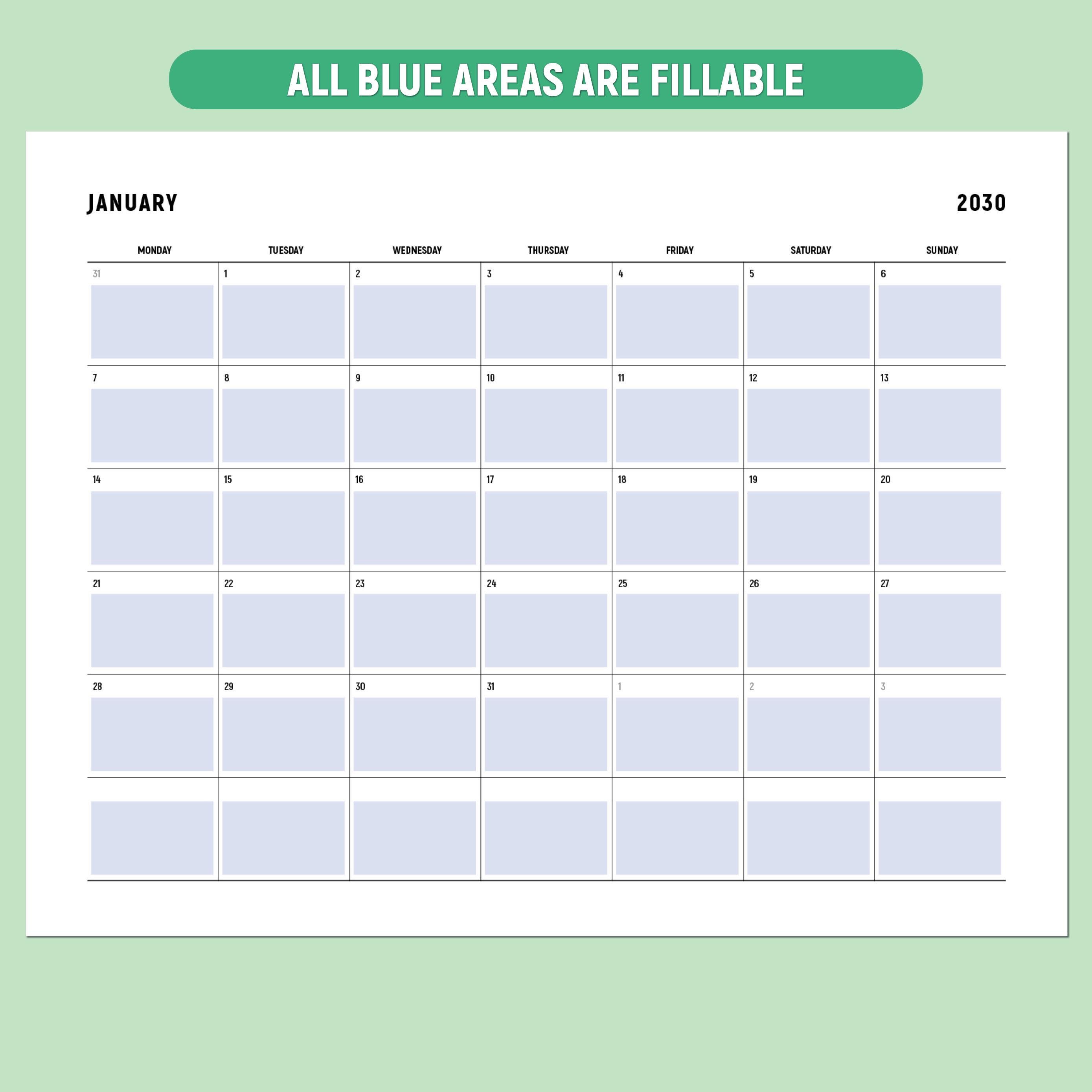 2030 Calendar Printable, 2030 Monthly Calendar, Horizontal Landscape ...