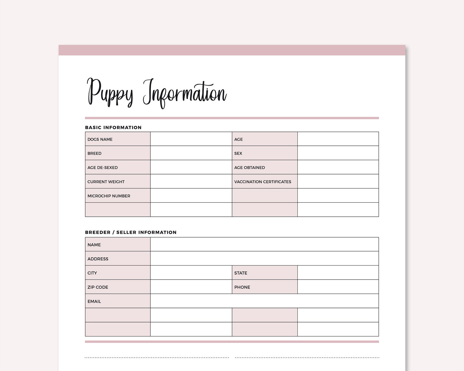 New Puppy Information Sheet Rescue Dog Information Page | Etsy