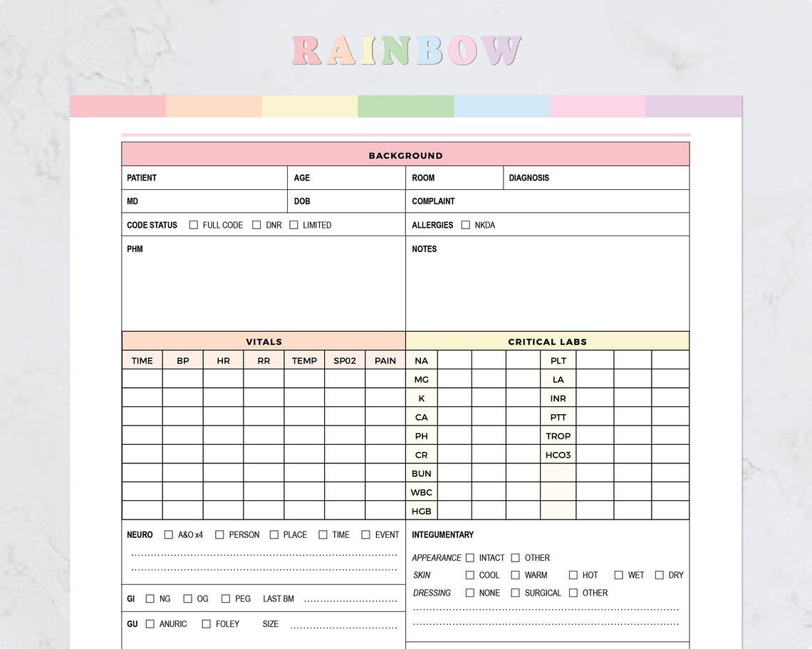 Printable Nursing Handoff Sheet, Nurse Report Sheet, ICU Report Sheet ...