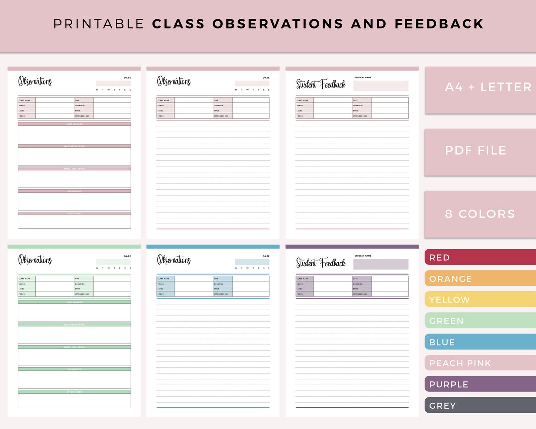 Printable Yoga Class Observations, Yoga Instructor Planner, Pilates ...